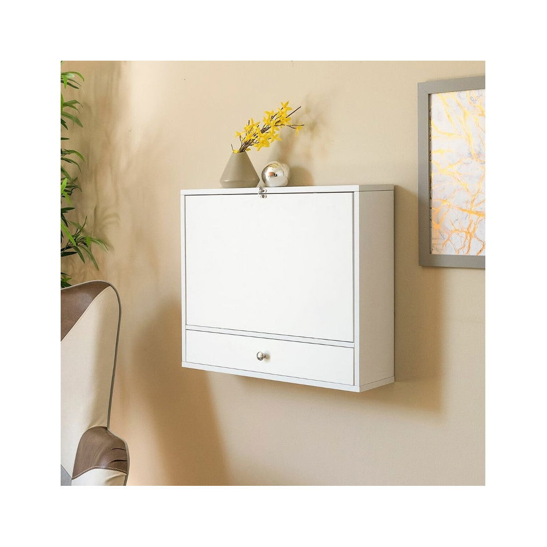 Bureau mural pliant avec étagères et tiroir