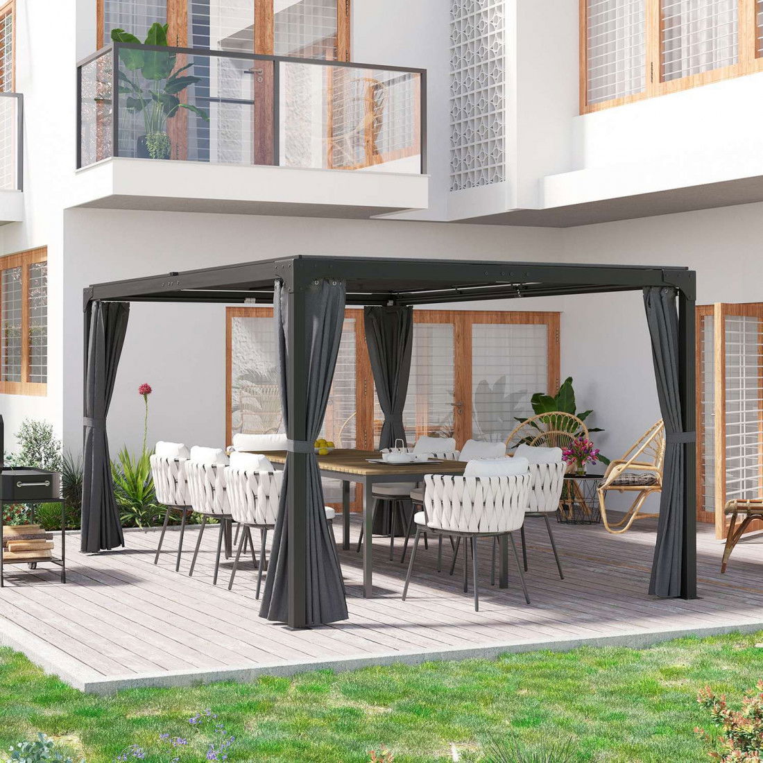 Terrasse pergola 4,2x2,95m avec toit rétractable et rideaux