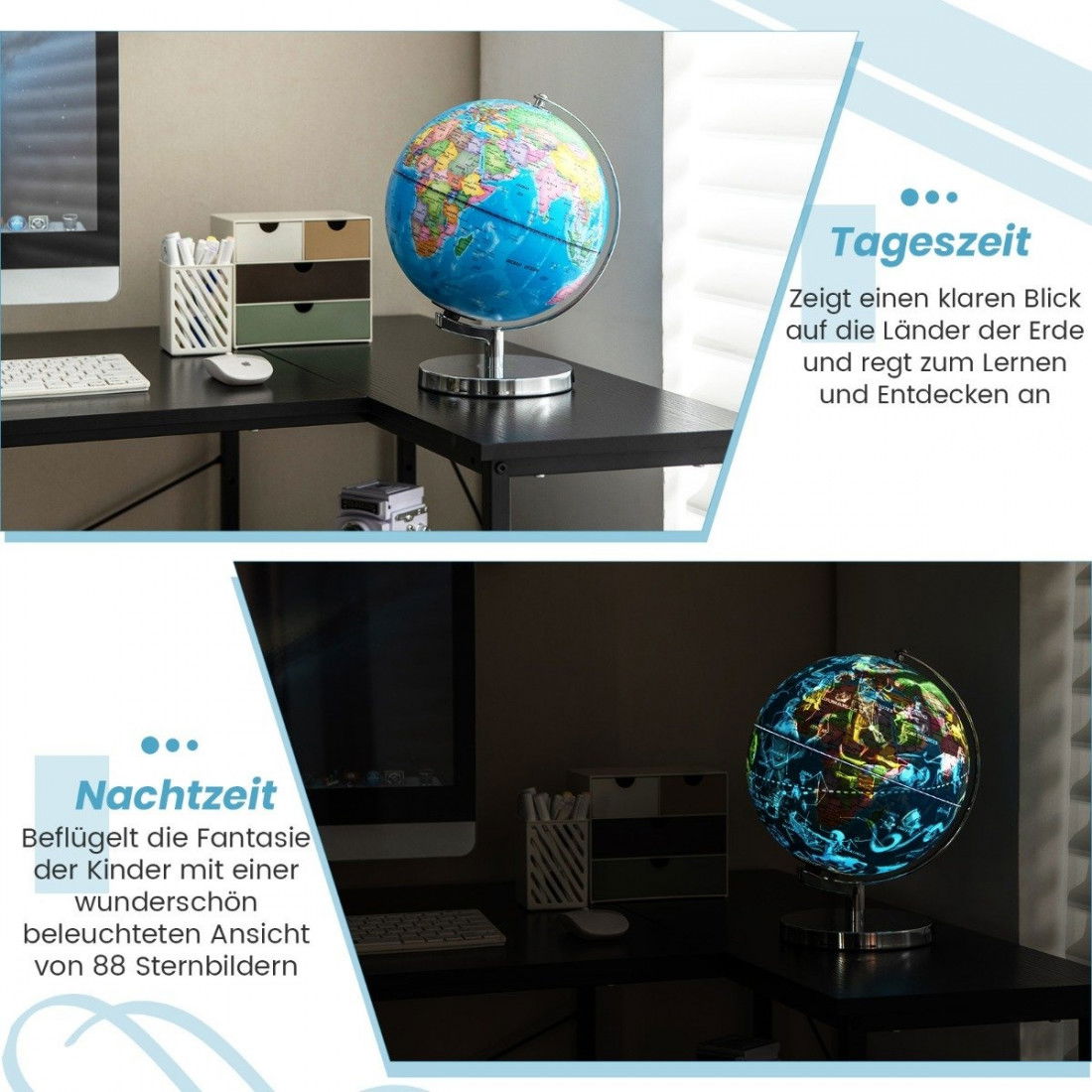 Globo illuminato Ø 23 cm con base in metallo e luce, mappa geografica ...