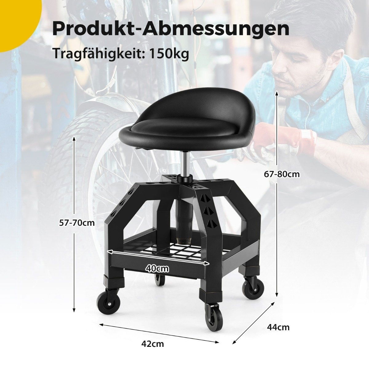 Height-adjustable workshop stool 150 kg load capacity with tool tray ...